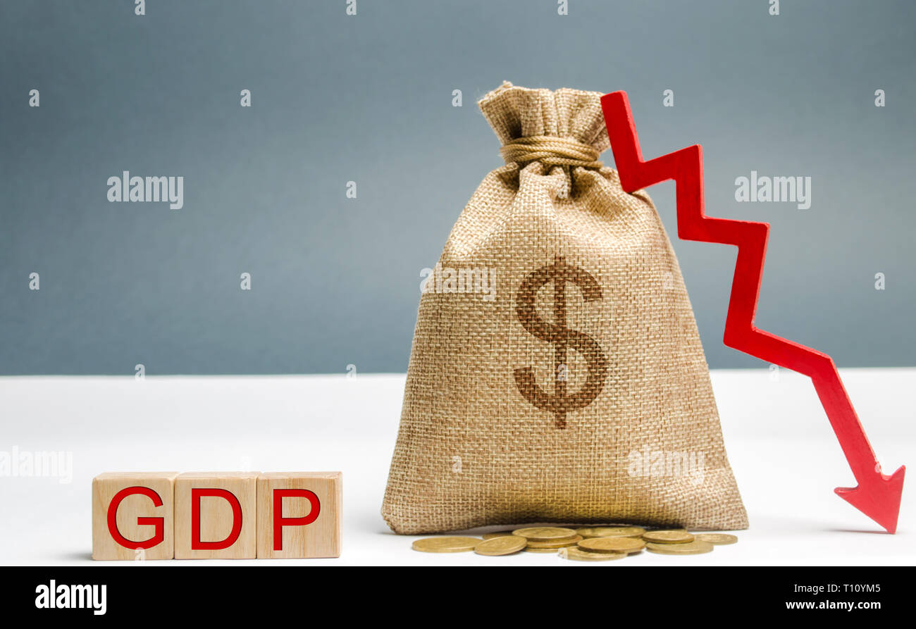 Money bag with the word GDP and down arrow. Decline and decrease of GDP ...