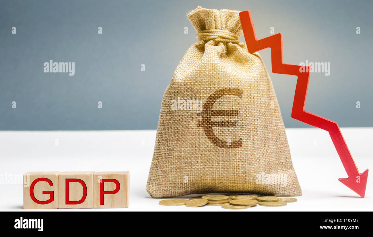 Money bag with the word GDP and down arrow. Decline and decrease of GDP ...
