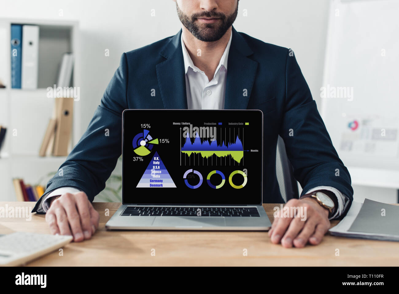 cropped view of advisor in suit showing laptop with rate website on ...