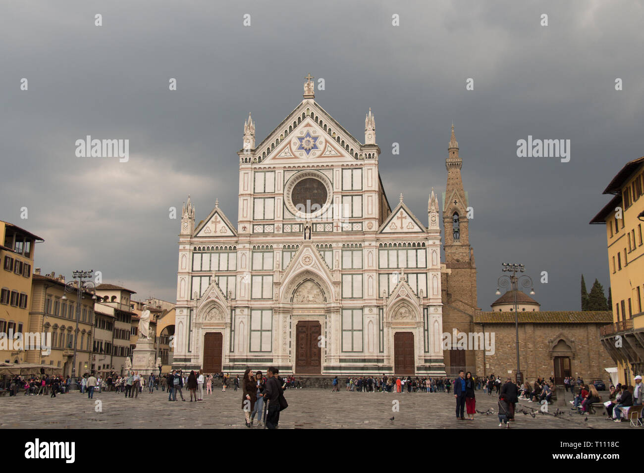 Italy, Florence - April 02 2017: the front view of Basilica Santa Croce ...