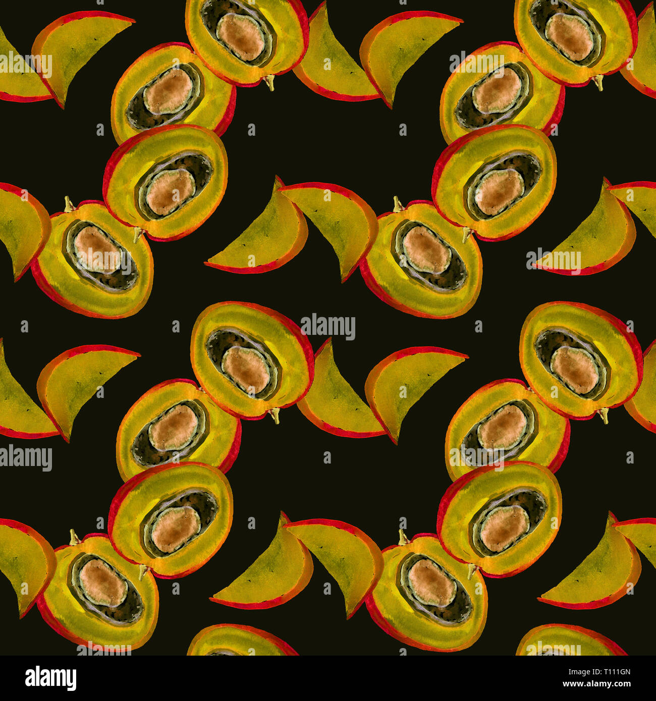 Mango cut slices, seamless pattern design, hand painted watercolor ...
