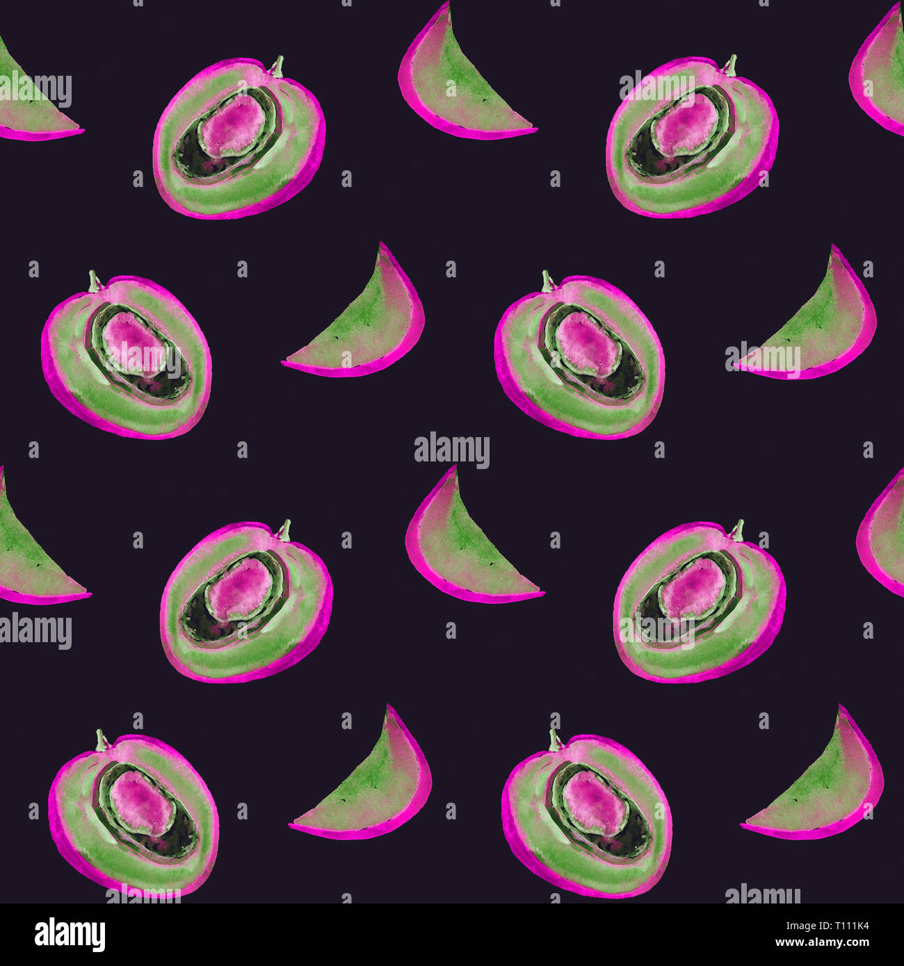 Mango cut slices, seamless pattern design in green and purple color ...