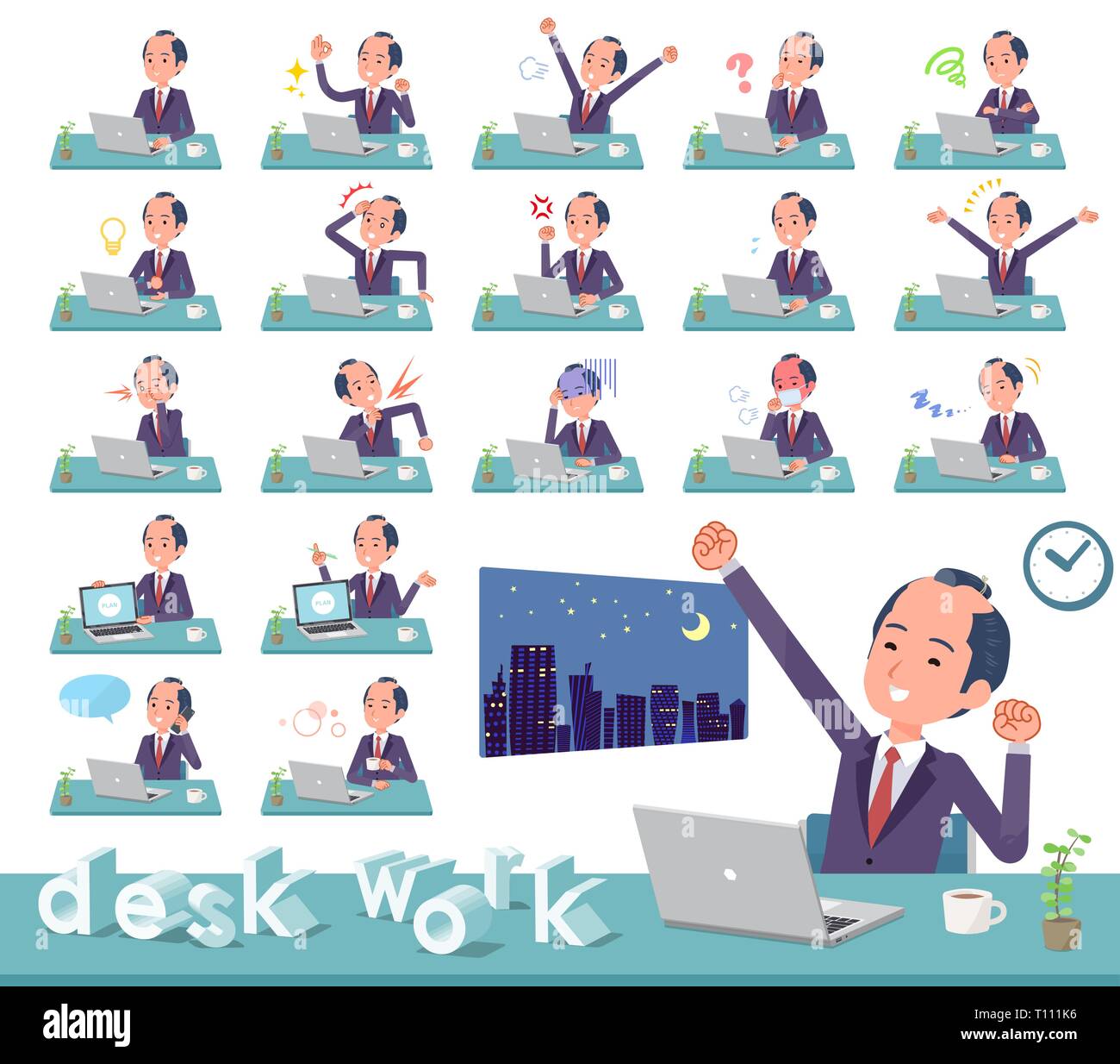 A set of japanese samurai businessman on desk work.There are various ...