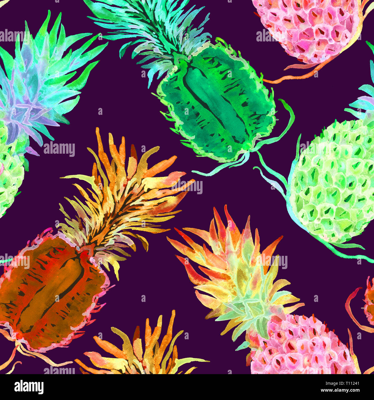 Pineapple whole and cut half, bright yellow, green, pink neon color ...