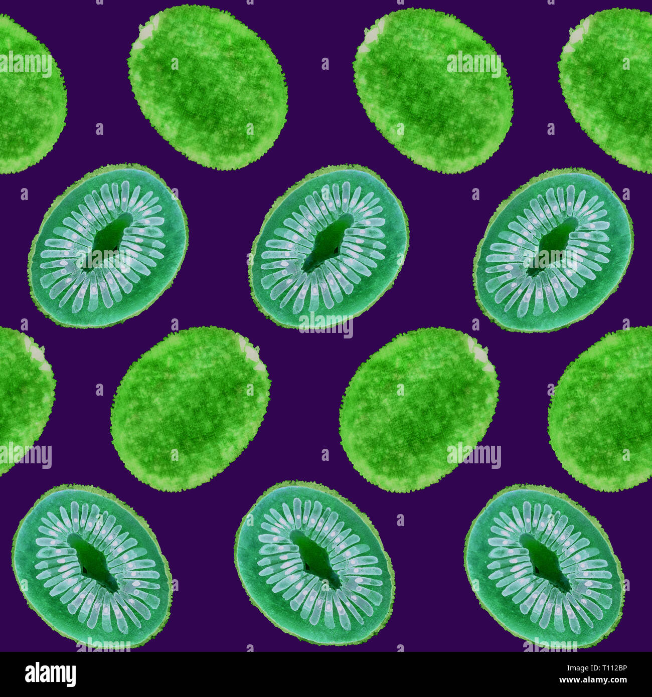 Whole kiwifruit and cut slices, green neon color palette, seamless ...