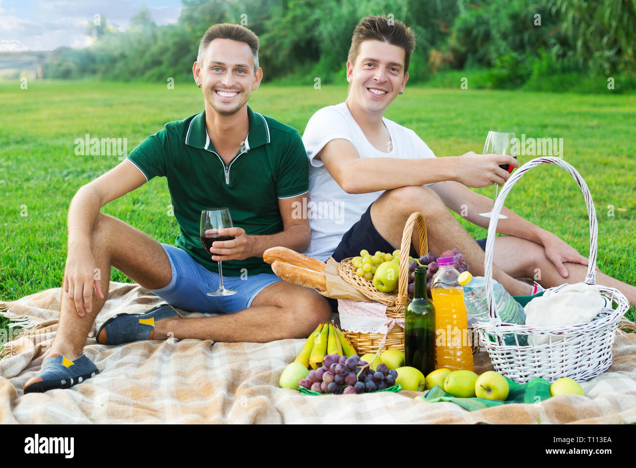 Two positive young men enjoying picnic outdoors on summer day Stock ...