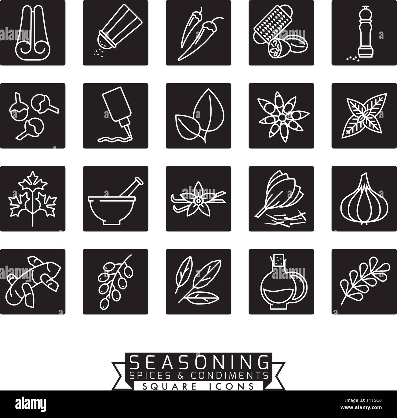 Square black spices, herbs, condiments and seasoning vector icons ...