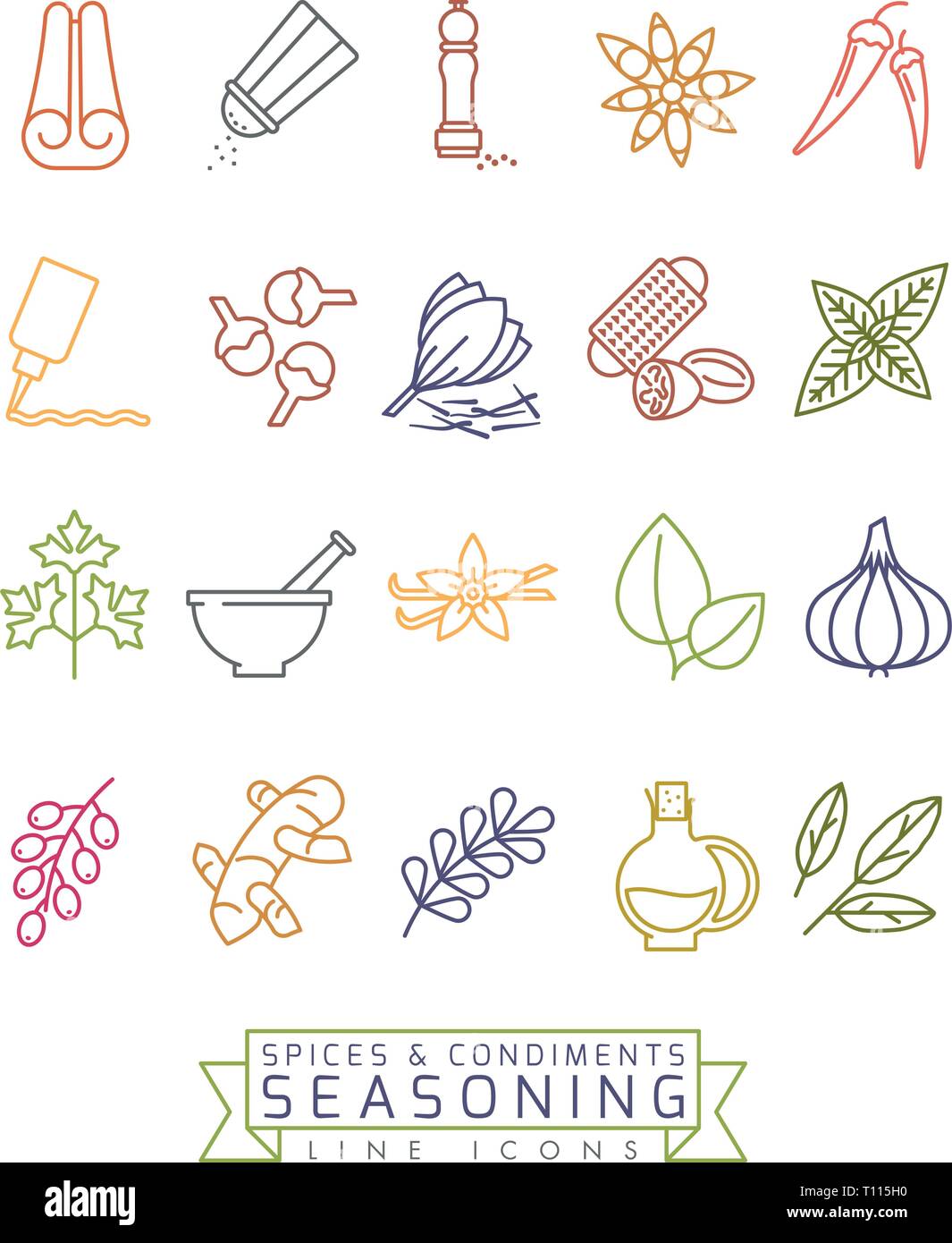 Spices, condiments and seasoning vector color line icon set Stock ...