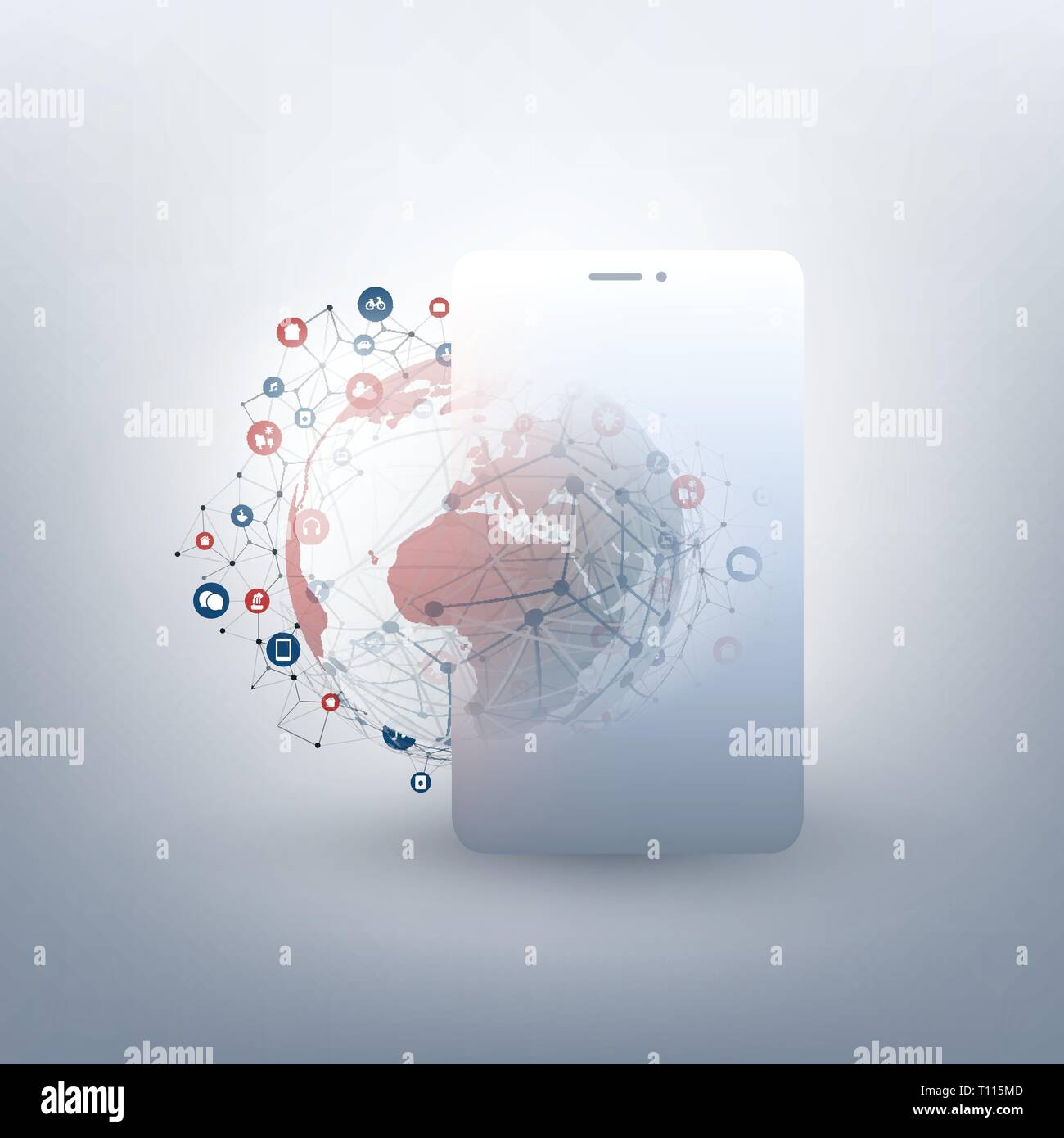 Internet of Things, Cloud Computing Design Concept with Earth Globe, Mobile Phone Silhouette and ...