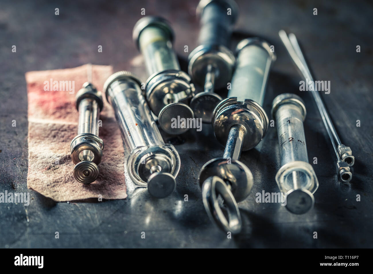 Classic needle and syringes prepared for blood test Stock Photo - Alamy