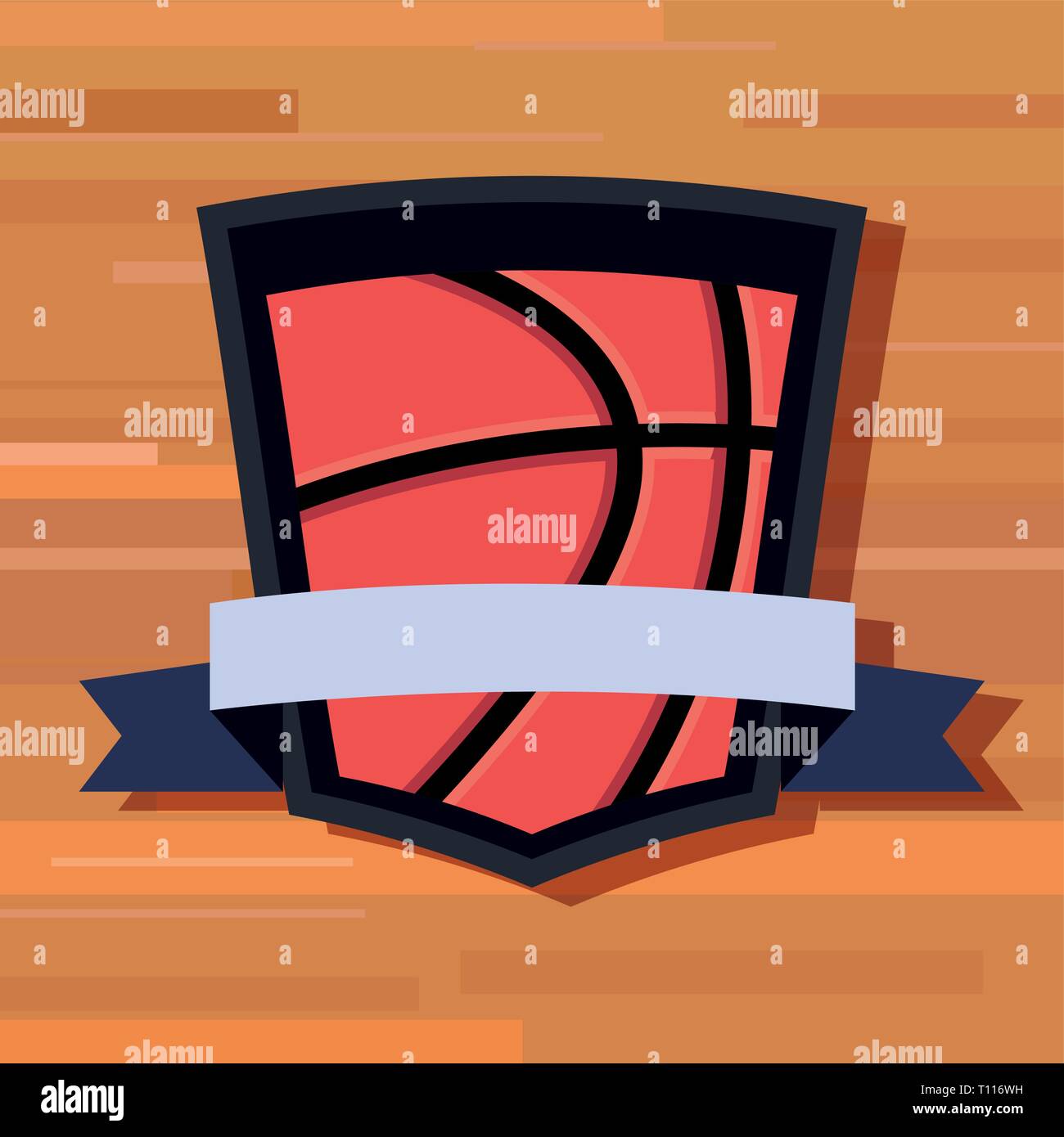 basketball sport ball ribbon badge wooden background vector ...
