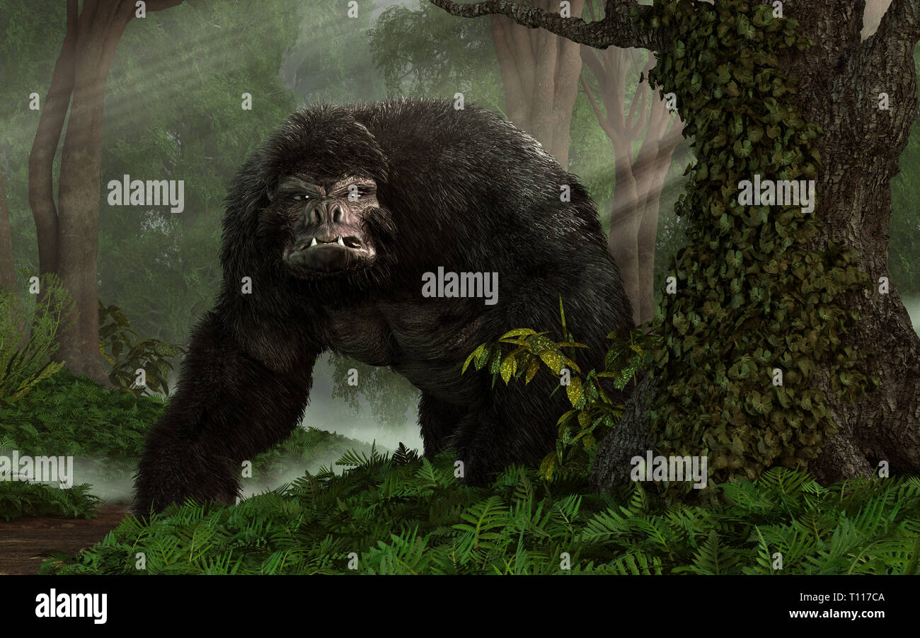 A huge hairy gorilla-like beast glares at you from a dense steamy ...