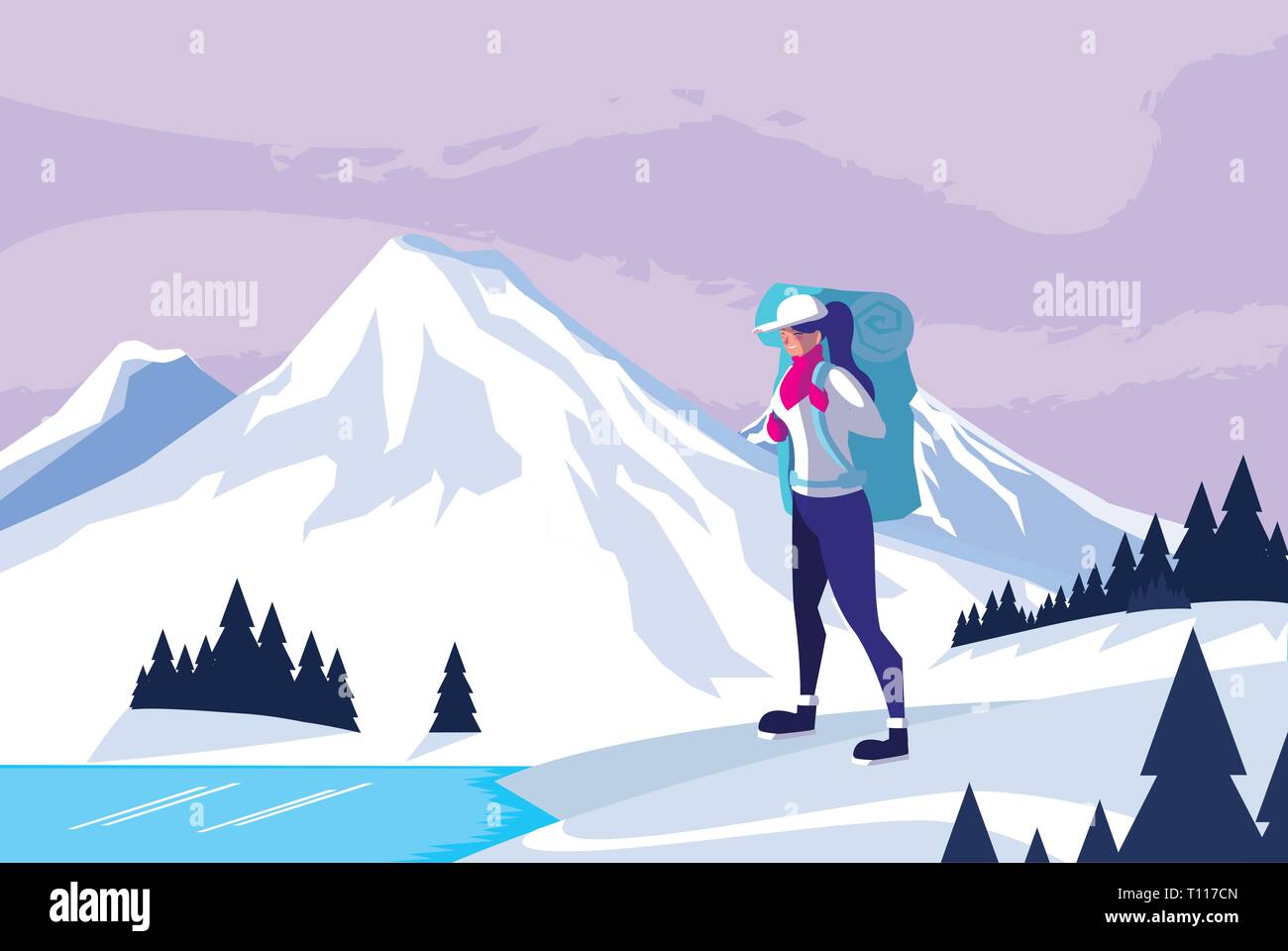 adventurous woman with travelbag in the snowscape vector illustration ...