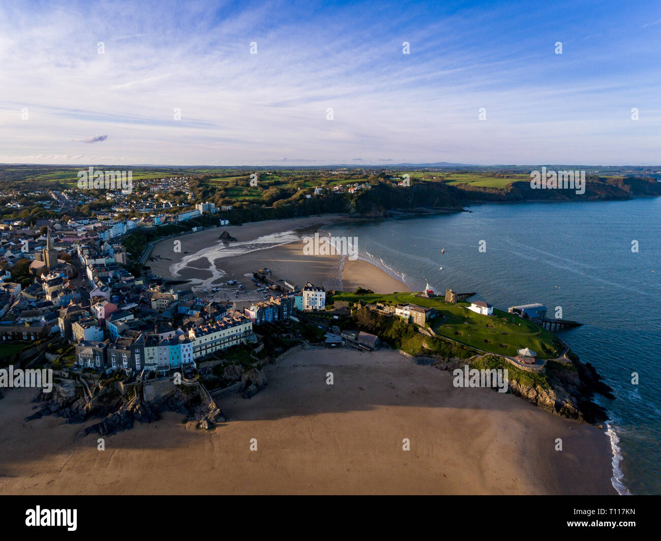 Aerial view of Tenby Beach and harbour, Pembrokeshire, Wales, UK Stock ...