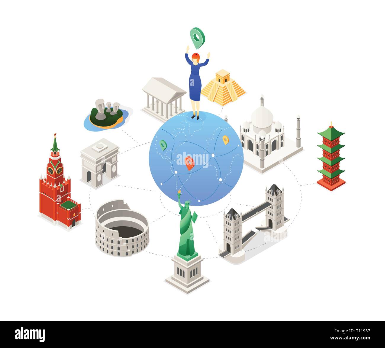 Travel around the world - colorful isometric illustration with a woman ...