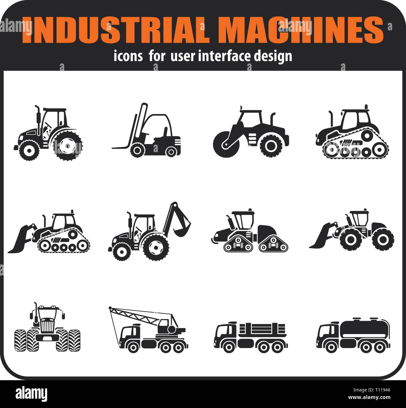 Industrial vehicles icons set with tractor loader paver excavator ...