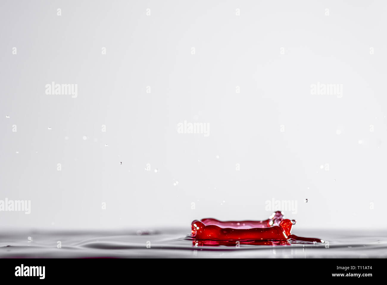 Vibrant red water droplets and ripples isolated on a clean background ...