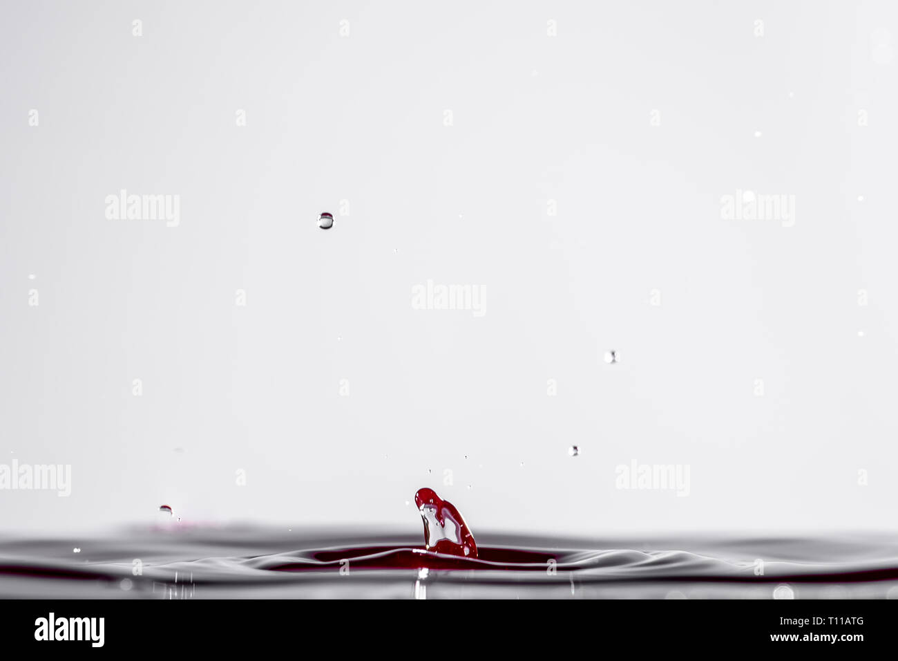 Vibrant red water droplets and ripples isolated on a clean background ...