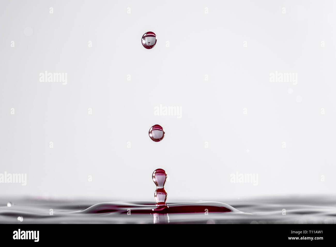 Vibrant red water droplets and ripples isolated on a clean background ...