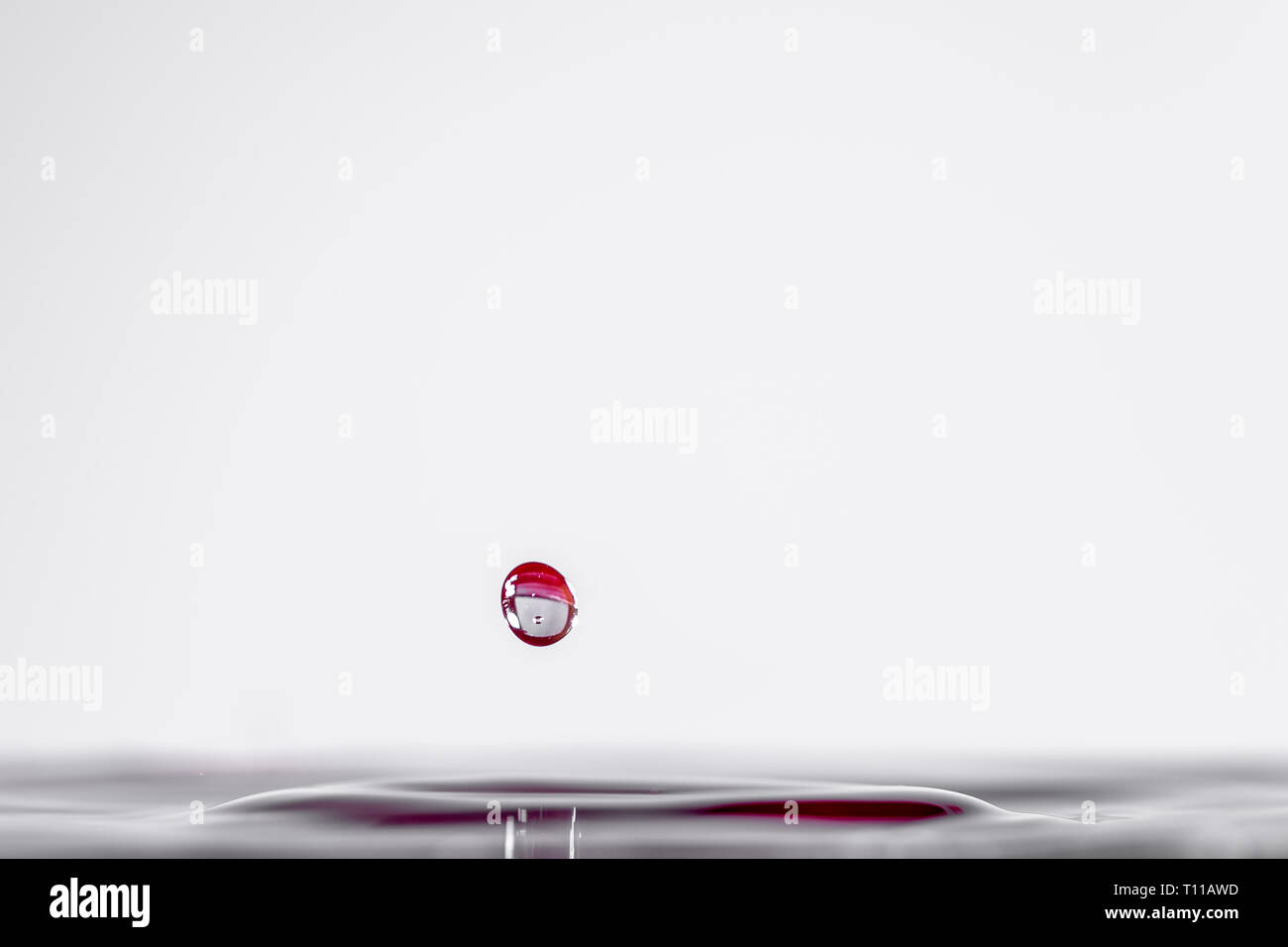 Vibrant red water droplets and ripples isolated on a clean background ...