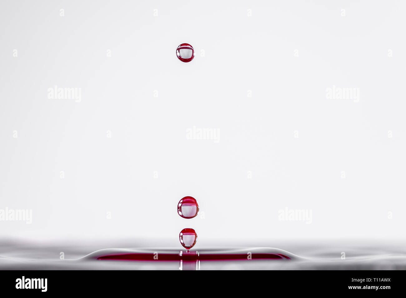 Vibrant red water droplets and ripples isolated on a clean background ...