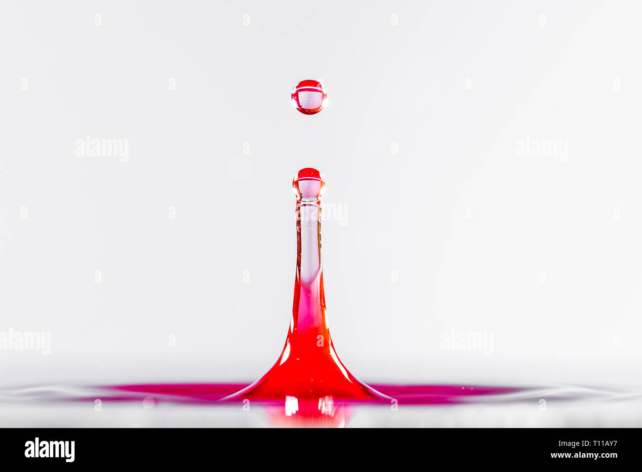 Vibrant red water droplets and ripples isolated on a clean background ...