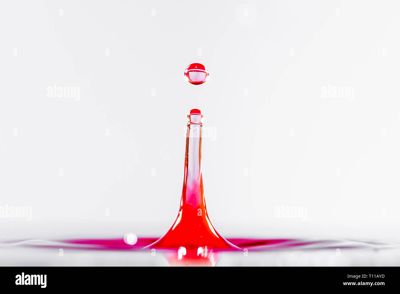 Vibrant red water droplets and ripples isolated on a clean background ...