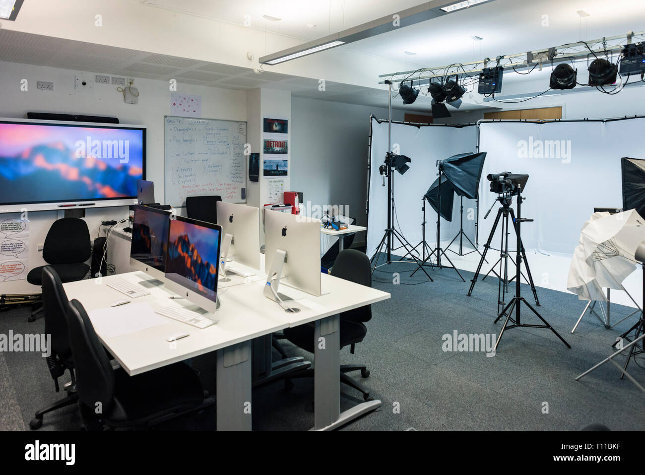 inside a film and tv media studies classroom with a studio, cameras ...