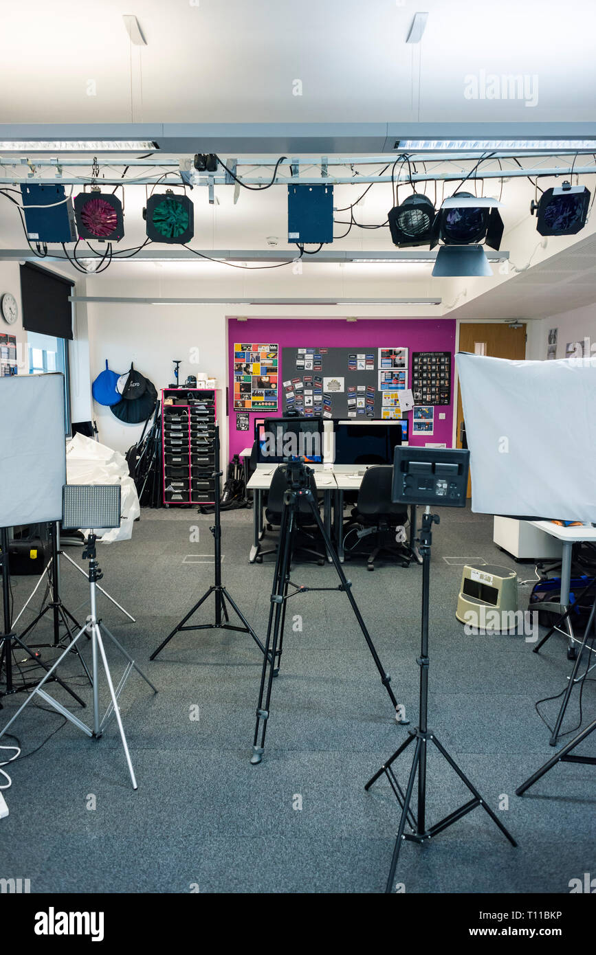inside a film and tv media studies classroom with a studio, cameras ...