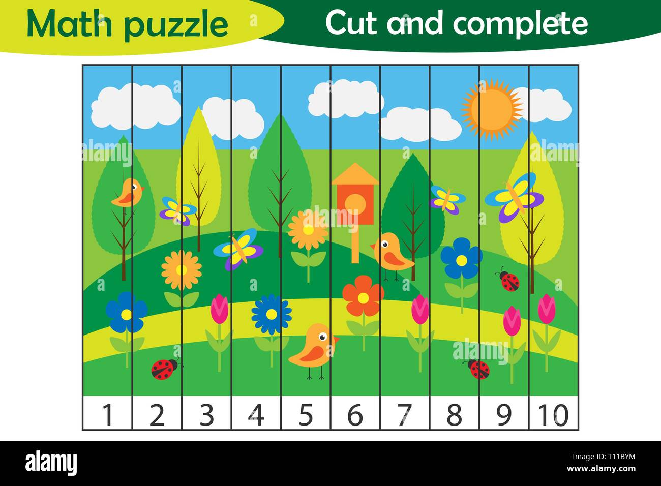 Math puzzle, spring picture in cartoon style, education game for ...
