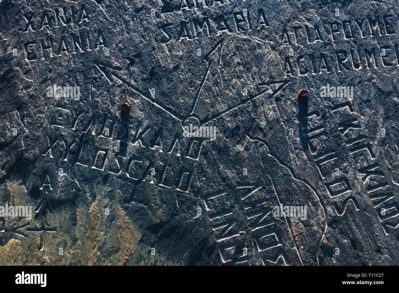 Stone with engraved map at the entrance to Samaria gorge, south west ...