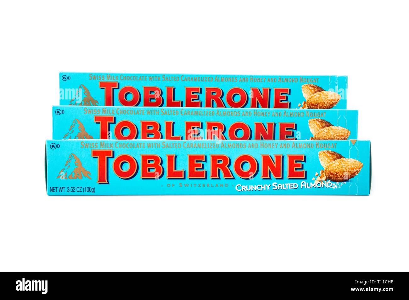 Three Swiss Chocolate Toblerone Bars with Almonds Stock Photo - Alamy