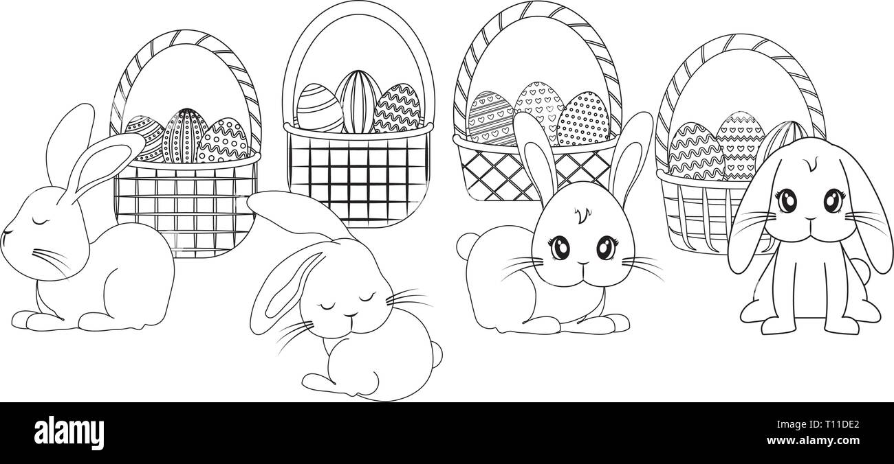 set cute rabbits with baskets and eggs of easter vector illustration ...
