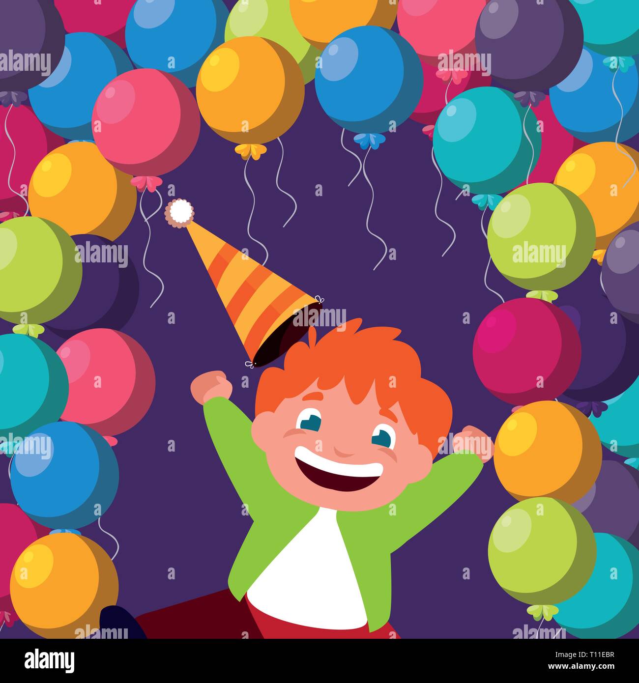 cute happy boy with birthday balloons helium vector illustration design ...