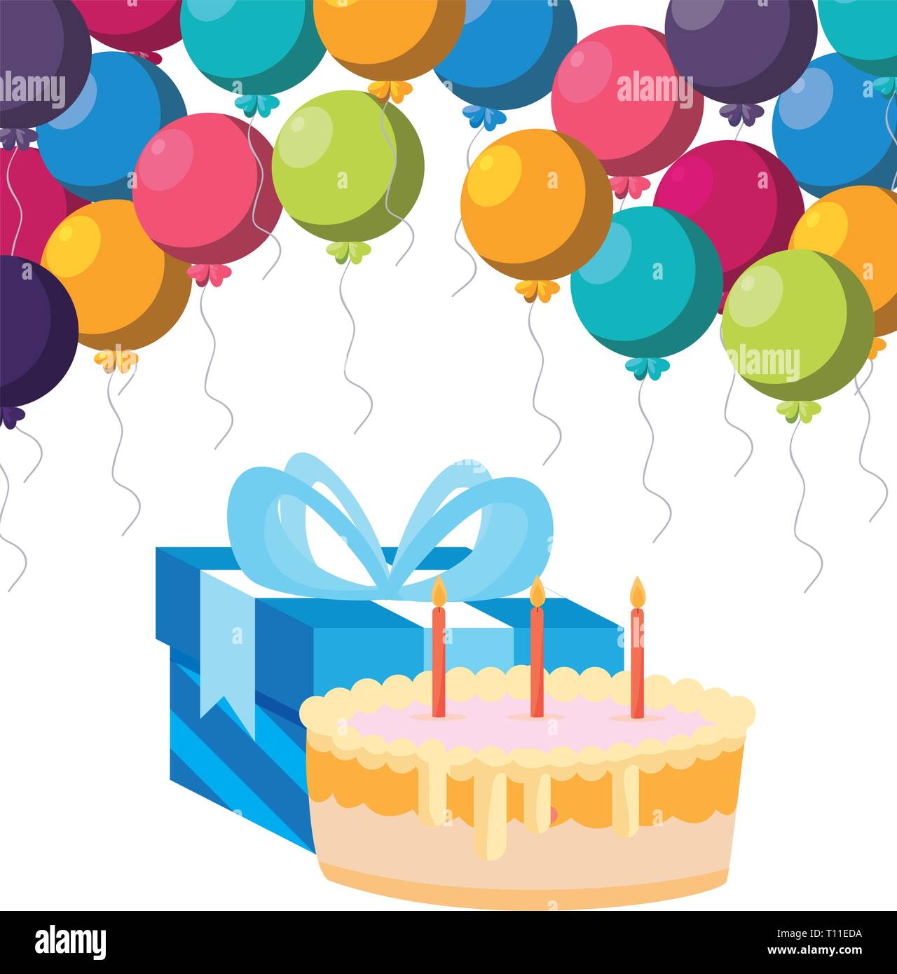 gift box present with balloons helium and sweet cake vector ...