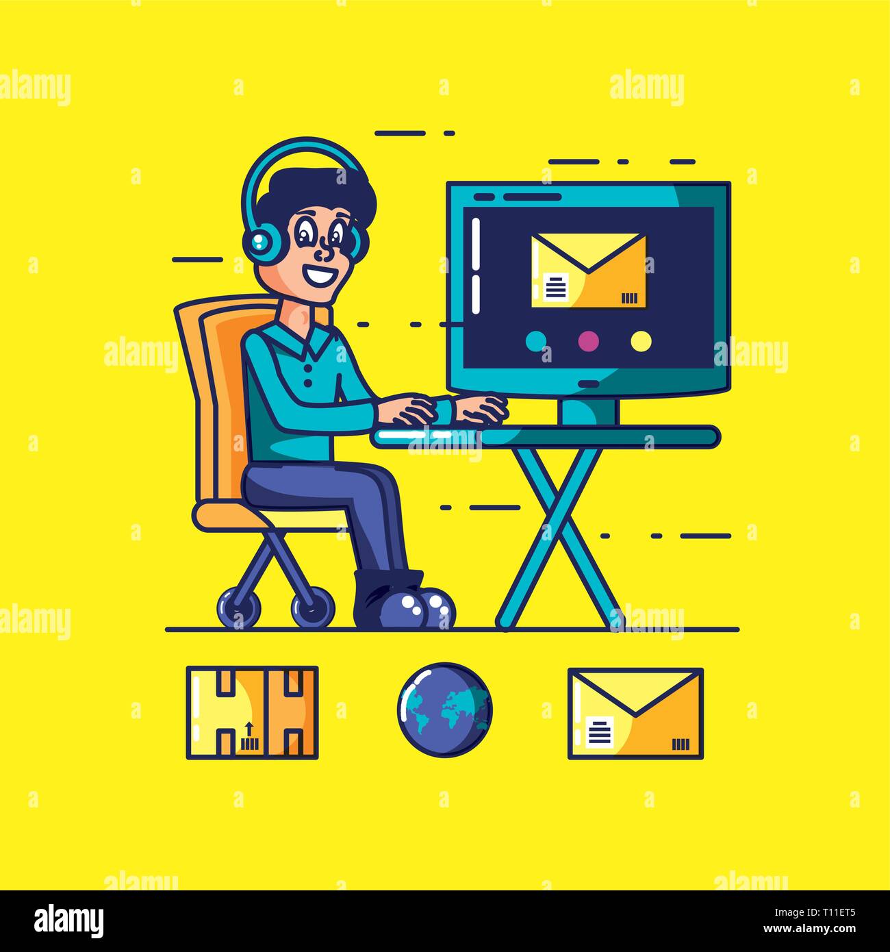 delivery service worker with computer and icons vector illustration ...