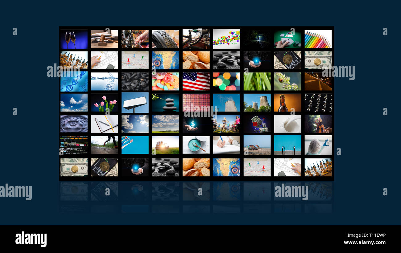 TV screen with lot of pictures on blue background Stock Photo - Alamy