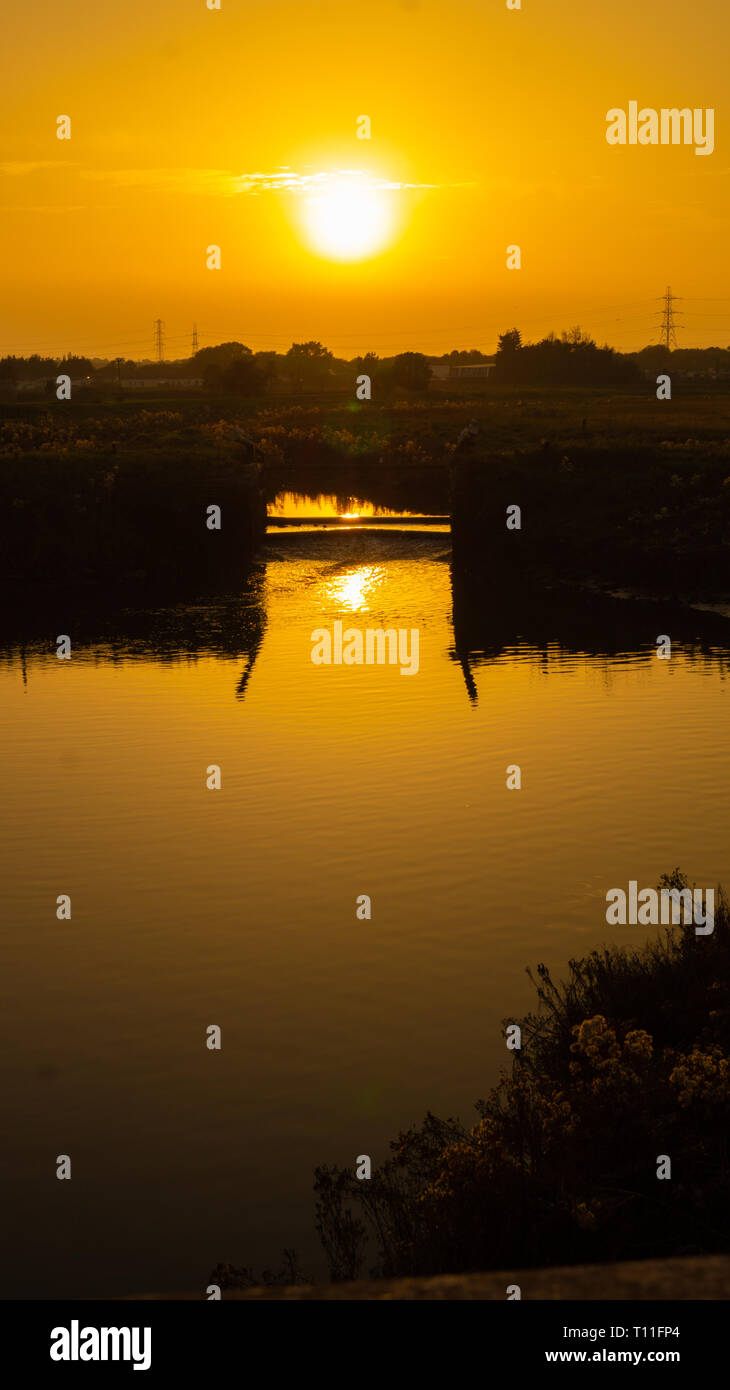 Heybridge Basin at Maldon lock at sunset silhouette Stock Photo - Alamy