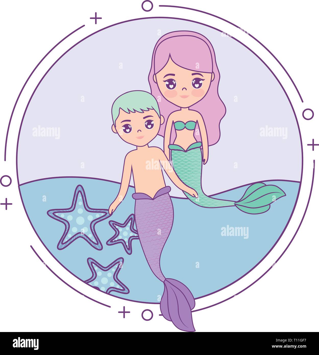 cute couple mermaids with sea in frame circular vector illustration ...