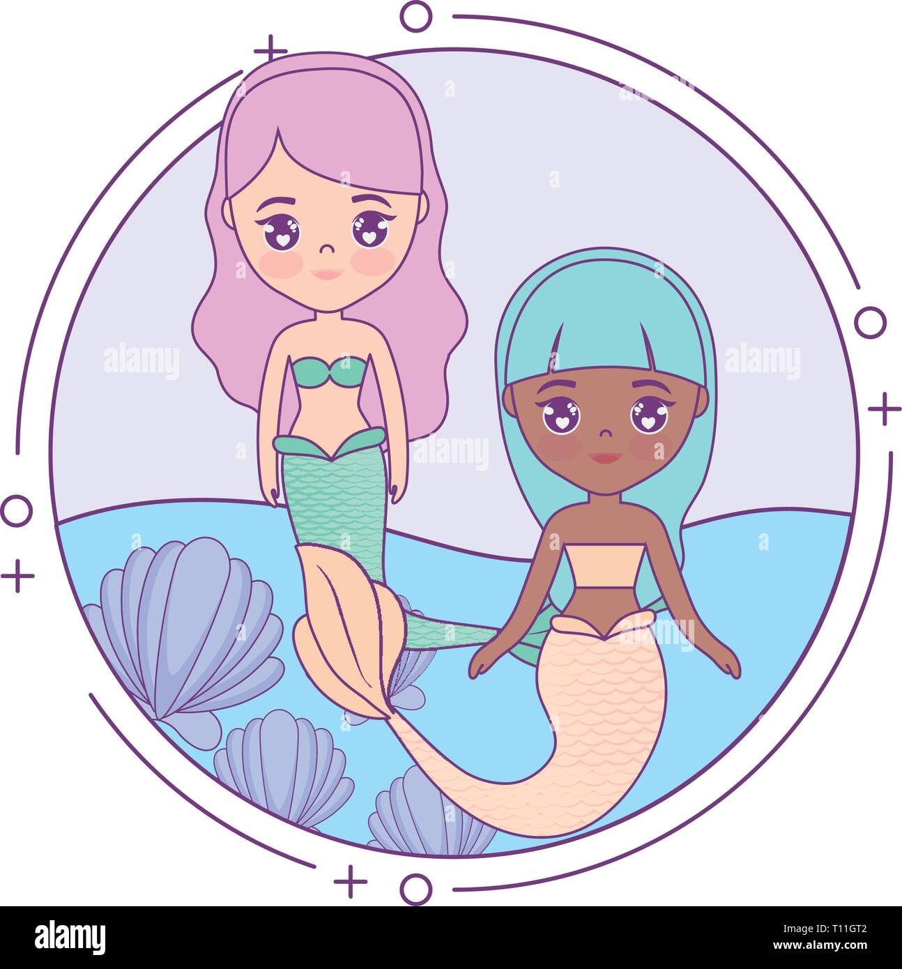 cute mermaids with sea in frame circular vector illustration design ...