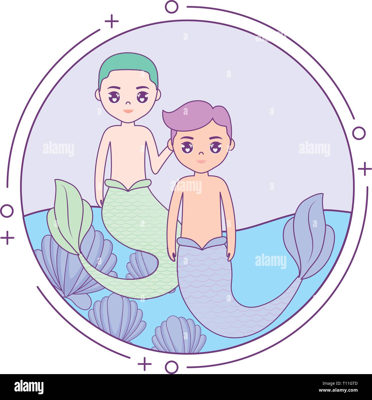 mermaids male with sea in frame circular vector illustration design ...