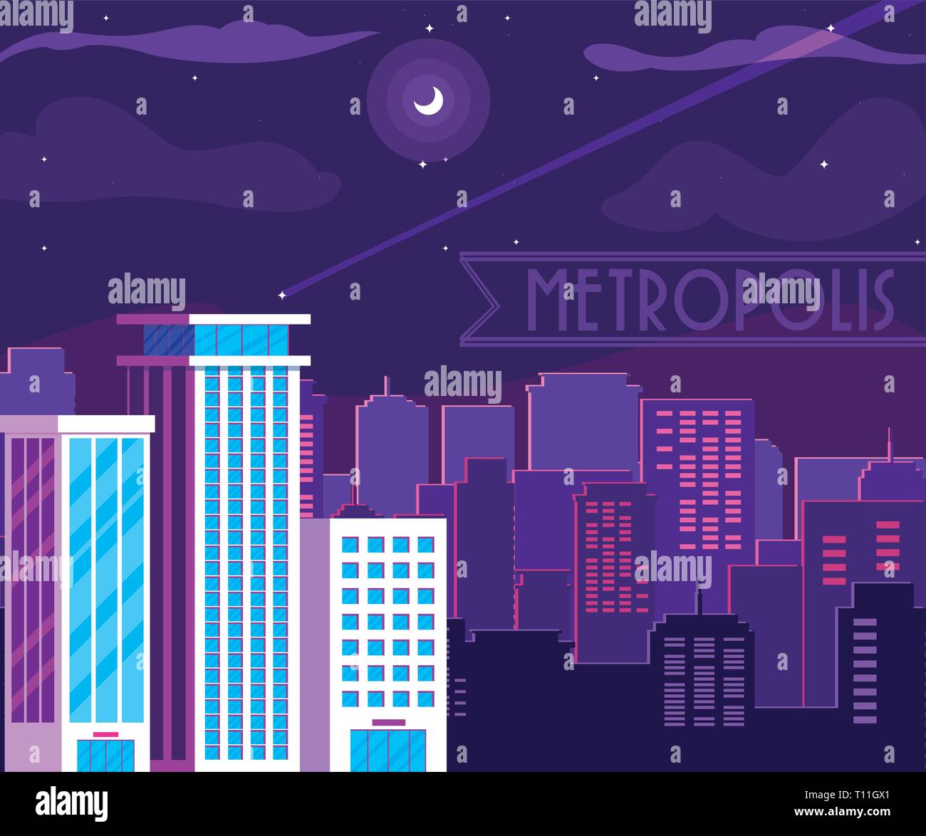 metropolis cityscape buildings with purple sky vector illustration ...