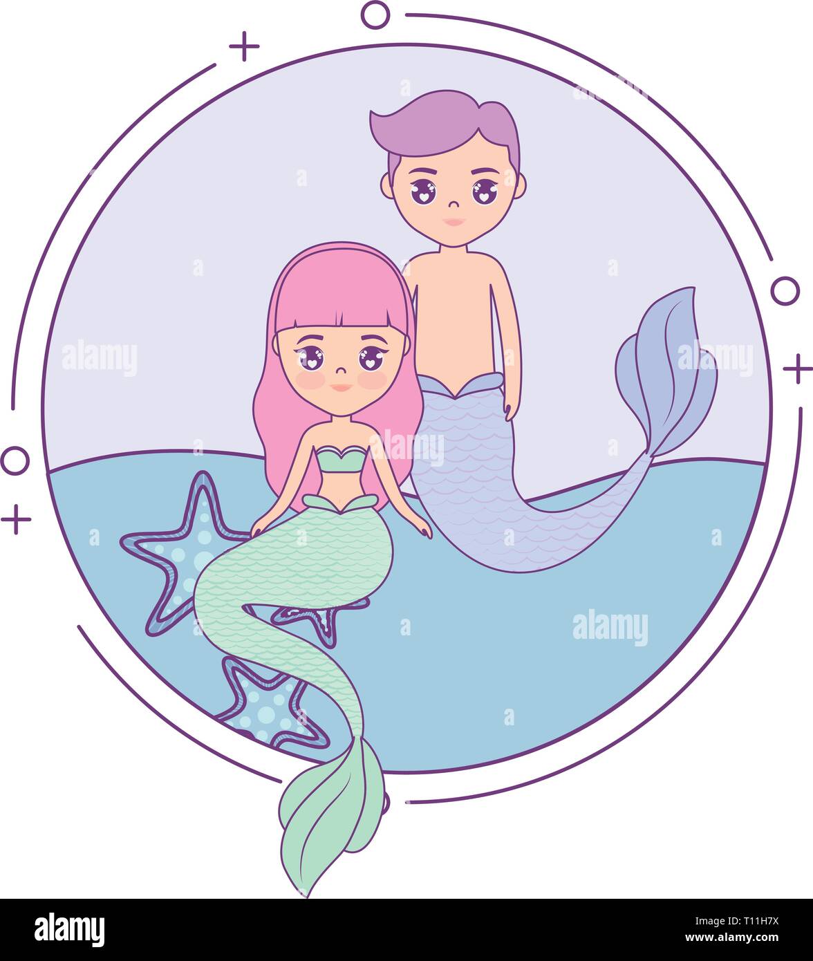 cute couple mermaids with sea in frame circular vector illustration ...