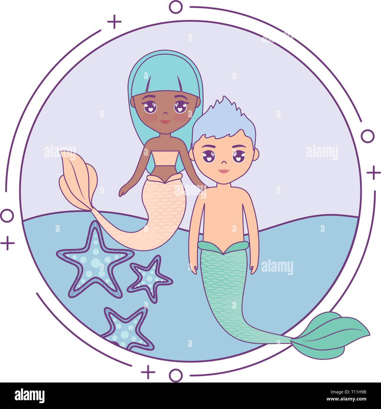 cute couple mermaids with sea in frame circular vector illustration ...