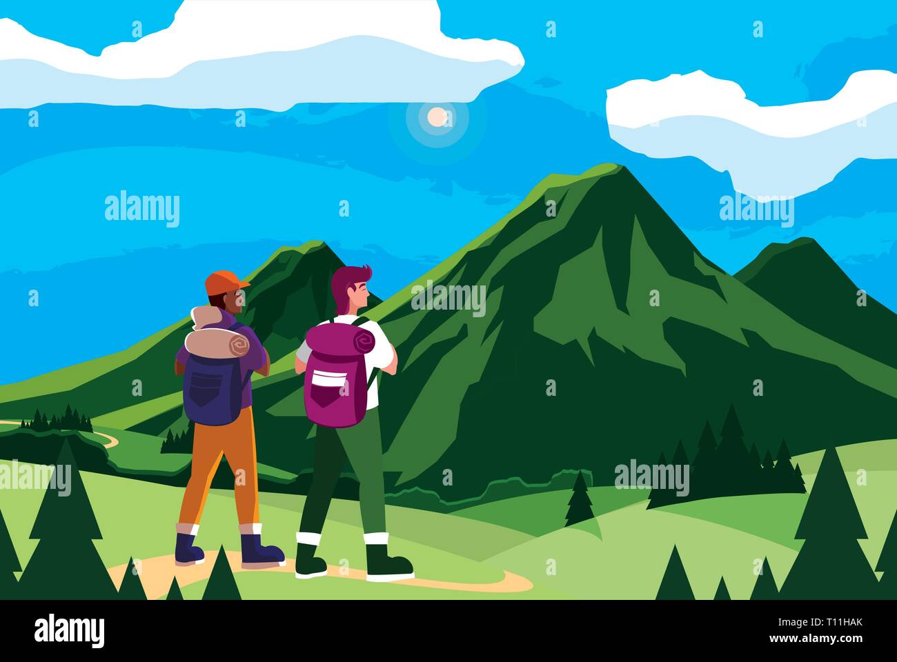 adventurous men with travelbag in the mountains vector illustration ...