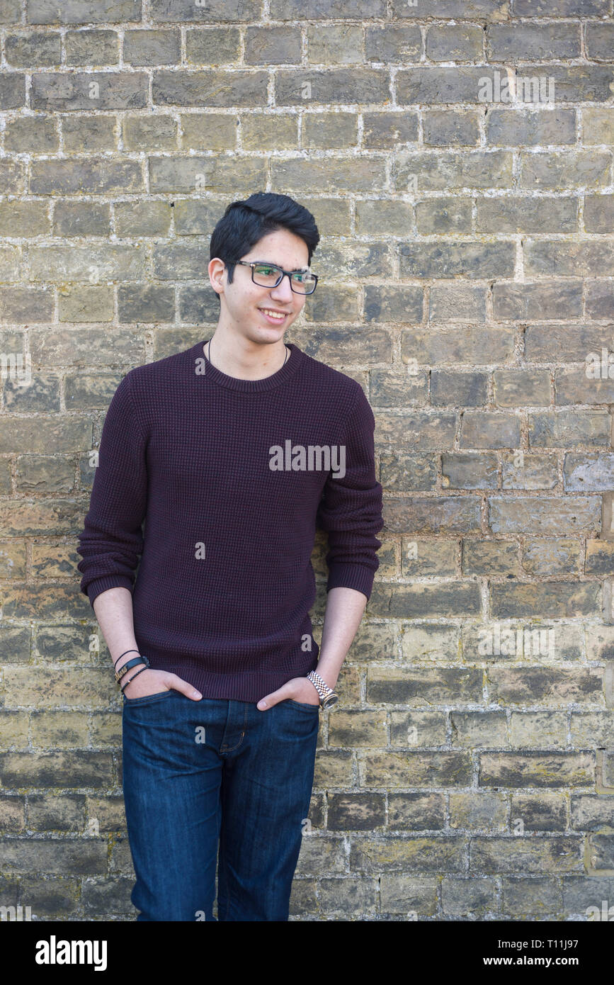 a confident young arabic man from the Middle east stands against a sand ...