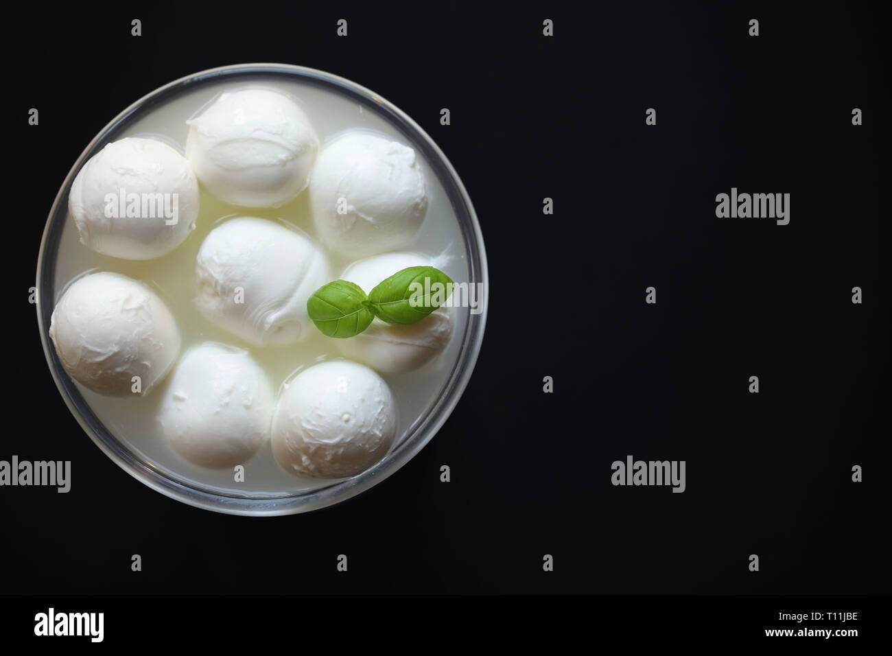 Fresh buffalo mozzarella cheese, basil isolated on dark background ...