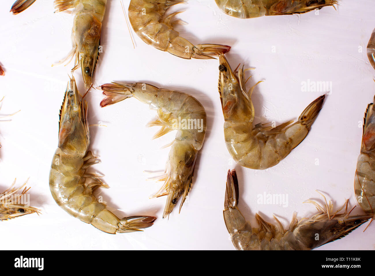 Raw prawns flat lay top view background Stock Photo - Alamy
