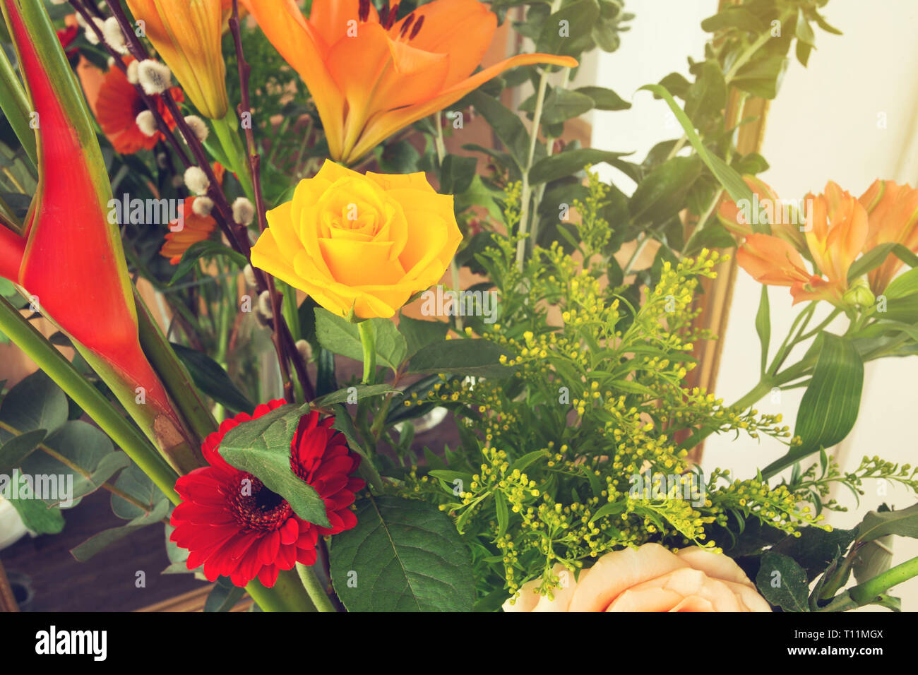 Bright bouquet of different flowers, colorful spring theme Stock Photo ...