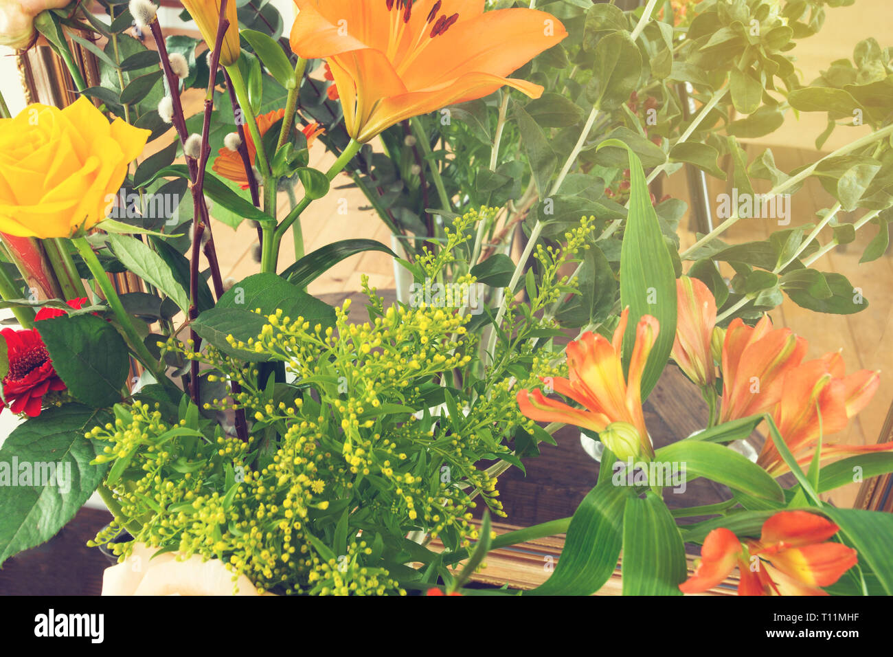 Bright bouquet of different flowers, colorful spring theme Stock Photo ...
